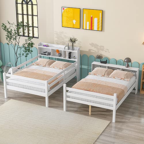 Harper & Bright Designs Full Over Bunk Beds with Bookcase Headboard, Solid Wood Bed Frame Storage, Safety Rail and Ladder, Kids/Teens Bedroom, Can Be converted into 2 Beds, White