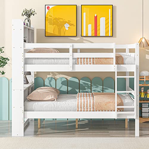 Harper & Bright Designs Full Over Bunk Beds with Bookcase Headboard, Solid Wood Bed Frame Storage, Safety Rail and Ladder, Kids/Teens Bedroom, Can Be converted into 2 Beds, White