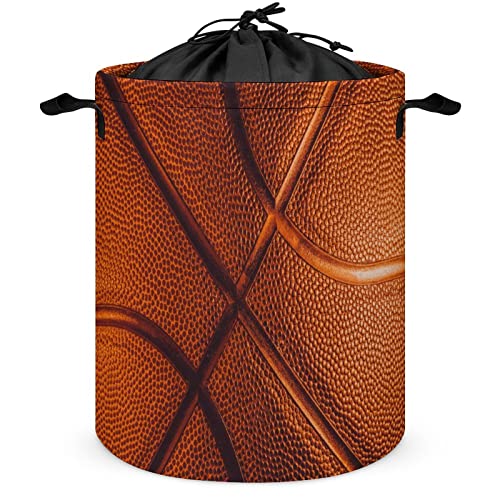 Basketball Laundry Basket Collapsible Kids Laundry Hamper with Drawstring Ball Sport Toys Storage Basket with Handle Boys Bedroom Decor 14x17.3 Inches