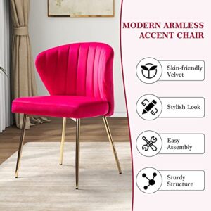 HULALA HOME Velvet Dining Chair, Cute Armless Accent Chair Living Room Chair with Golden Legs, Mid Century Modern Upholstered Side Chair for Kitchen Vanity, Fuchsia