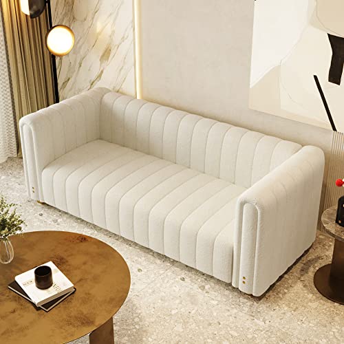 Emerald Green Velvet Couch, 80 Inch Wide Mid-Century Modern Sofa Velvet Tufted Upholstered Velvet Sofa Love Seats Sofa with Golden Leg, 3 Seat Sofa Big Comfy Couch Sofas for Livingroom (White Teddy)