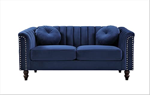 Container Furniture Direct Tufted Velvet Sofa with Removable Cushions and Turned Wood Legs, Elegant Living Room Furniture for The Modern Home, 61.4 Inch Loveseat, Dark Blue