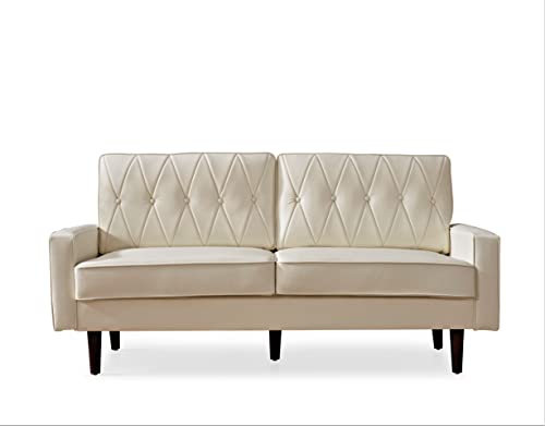 Container Furniture Direct Modern Style Faux Leather Sofa with Elegant Round Tapered Legs and Button Tufted Backrest Perfect for Living Room, Bedroom or Home Office, 69.3’’ Wide, White