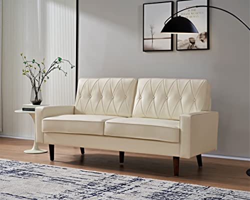 Container Furniture Direct Modern Style Faux Leather Sofa with Elegant Round Tapered Legs and Button Tufted Backrest Perfect for Living Room, Bedroom or Home Office, 69.3’’ Wide, White