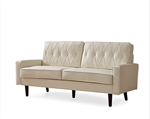 Container Furniture Direct Modern Style Faux Leather Sofa with Elegant Round Tapered Legs and Button Tufted Backrest Perfect for Living Room, Bedroom or Home Office, 69.3’’ Wide, White