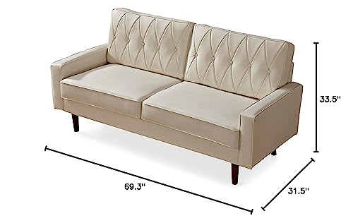 Container Furniture Direct Modern Style Faux Leather Sofa with Elegant Round Tapered Legs and Button Tufted Backrest Perfect for Living Room, Bedroom or Home Office, 69.3’’ Wide, White