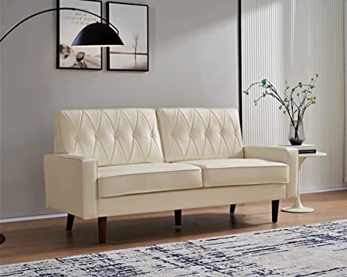 Container Furniture Direct Modern Style Faux Leather Sofa with Elegant Round Tapered Legs and Button Tufted Backrest Perfect for Living Room, Bedroom or Home Office, 69.3’’ Wide, White