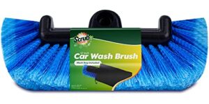 scrubit 12" car wash brush with soft bristles for car truck boat deck & house cleaning, exterior washing brush connects with pole & hose storage bag included (blue)