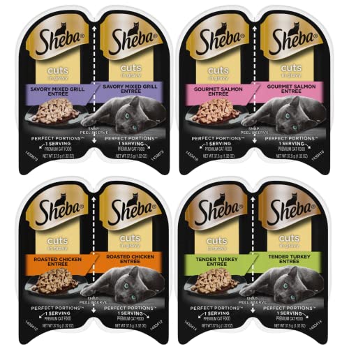 Sheba Wet Cat Food Perfect Portions Pate & Cuts in Gravy Variety Pack - All Flavors, Beef, Chicken, Salmon, Turkey, Tuna, White Fish, Mixed Grill - (12 Pack 24 Servings) with 2 Mouse Cat Toys