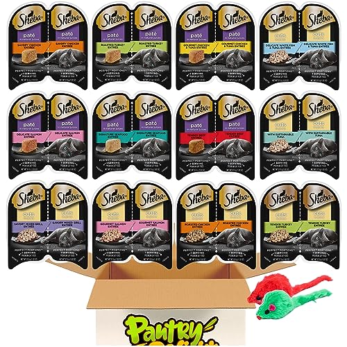 Sheba Wet Cat Food Perfect Portions Pate & Cuts in Gravy Variety Pack - All Flavors, Beef, Chicken, Salmon, Turkey, Tuna, White Fish, Mixed Grill - (12 Pack 24 Servings) with 2 Mouse Cat Toys