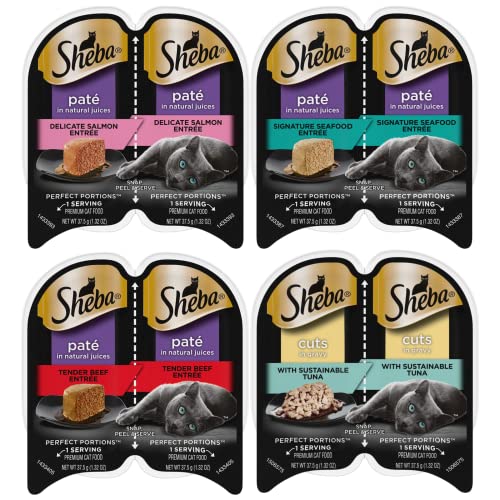 Sheba Wet Cat Food Perfect Portions Pate & Cuts in Gravy Variety Pack - All Flavors, Beef, Chicken, Salmon, Turkey, Tuna, White Fish, Mixed Grill - (12 Pack 24 Servings) with 2 Mouse Cat Toys