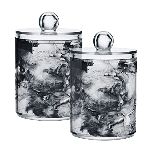 ALAZA 2 Pack Qtip Holder Dispenser Cool Black Marble Bathroom Organizer Canisters for Cotton Balls/Swabs/Pads/Floss,Plastic Apothecary Jars for Vanity