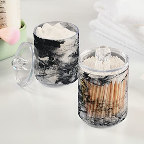 ALAZA 2 Pack Qtip Holder Dispenser Cool Black Marble Bathroom Organizer Canisters for Cotton Balls/Swabs/Pads/Floss,Plastic Apothecary Jars for Vanity