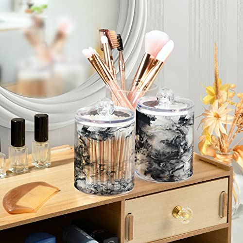 ALAZA 2 Pack Qtip Holder Dispenser Cool Black Marble Bathroom Organizer Canisters for Cotton Balls/Swabs/Pads/Floss,Plastic Apothecary Jars for Vanity