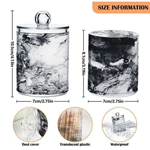 ALAZA 2 Pack Qtip Holder Dispenser Cool Black Marble Bathroom Organizer Canisters for Cotton Balls/Swabs/Pads/Floss,Plastic Apothecary Jars for Vanity