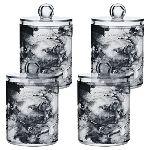 ALAZA 2 Pack Qtip Holder Dispenser Cool Black Marble Bathroom Organizer Canisters for Cotton Balls/Swabs/Pads/Floss,Plastic Apothecary Jars for Vanity