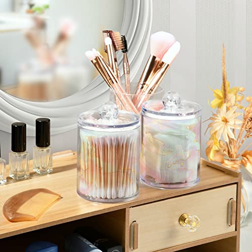 ALAZA 2 Pack Qtip Holder Dispenser Blush Pink Marble Bathroom Organizer Canisters for Cotton Balls/Swabs/Pads/Floss,Plastic Apothecary Jars for Vanity