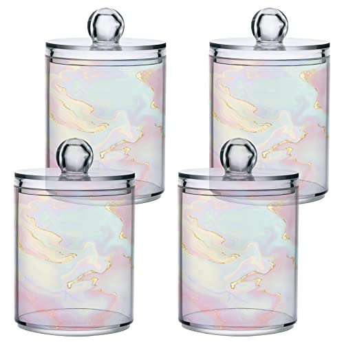 ALAZA 2 Pack Qtip Holder Dispenser Blush Pink Marble Bathroom Organizer Canisters for Cotton Balls/Swabs/Pads/Floss,Plastic Apothecary Jars for Vanity