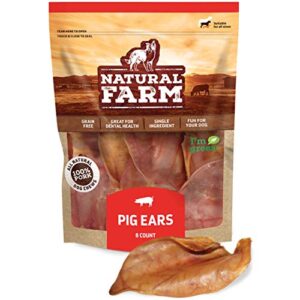 natural farm pig ears for dogs (8-pack), one ingredient: natural whole pigs ears, air dried, long-lasting & highly digestible treats, great for puppy and large/medium dogs