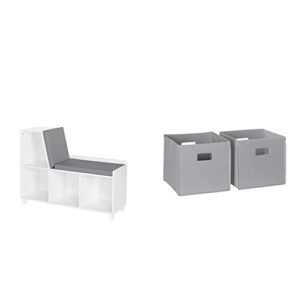 riverridge book nook collection kids cubbies storage bench, white & 2 pc storage set in gray folding bin, 2 count