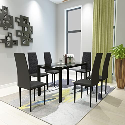 DMALKE 7 Pieces Dining Table Set for 6, Dining Table & Chair Set for Kitchen Living Room, Indoor Modern Easy Clean Tempered-Glass Dining Table with 6 Faux Leather Padded Chairs, W241S00019