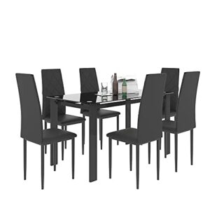 DMALKE 7 Pieces Dining Table Set for 6, Dining Table & Chair Set for Kitchen Living Room, Indoor Modern Easy Clean Tempered-Glass Dining Table with 6 Faux Leather Padded Chairs, W241S00019