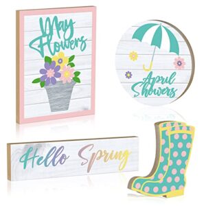 4 pcs hello spring home wood sign april showers may flowers table decor signs rain shoes umbrella farmhouse kitchen table decor decorative wooden signs for home decor spring party decorations