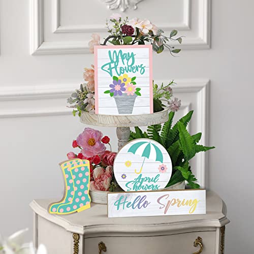 4 Pcs Hello Spring Home Wood Sign April Showers May Flowers Table Decor Signs Rain Shoes Umbrella Farmhouse Kitchen Table Decor Decorative Wooden Signs for Home Decor Spring Party Decorations