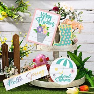 4 Pcs Hello Spring Home Wood Sign April Showers May Flowers Table Decor Signs Rain Shoes Umbrella Farmhouse Kitchen Table Decor Decorative Wooden Signs for Home Decor Spring Party Decorations