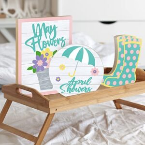 4 Pcs Hello Spring Home Wood Sign April Showers May Flowers Table Decor Signs Rain Shoes Umbrella Farmhouse Kitchen Table Decor Decorative Wooden Signs for Home Decor Spring Party Decorations