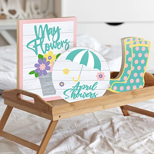 4 Pcs Hello Spring Home Wood Sign April Showers May Flowers Table Decor Signs Rain Shoes Umbrella Farmhouse Kitchen Table Decor Decorative Wooden Signs for Home Decor Spring Party Decorations