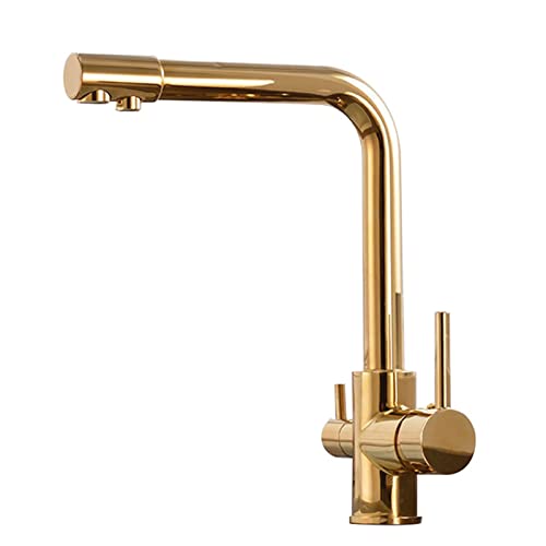 3 Way Kitchen Faucet for Filter Water System, Kitchen Taps Brass Purified Water Hot and Cold Water Swivel Kitchen Sink Tap-Gold