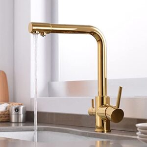 3 Way Kitchen Faucet for Filter Water System, Kitchen Taps Brass Purified Water Hot and Cold Water Swivel Kitchen Sink Tap-Gold