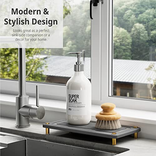 Sink Caddy, Dries Instantly Sink Holder for Preventing Moisture Buildup, Diatomaceous Pedestal Stand Riser with Stainless Steel Feet & Rubber Bottom, Soap Holder for Bottles Candles Decor-Dark Gray