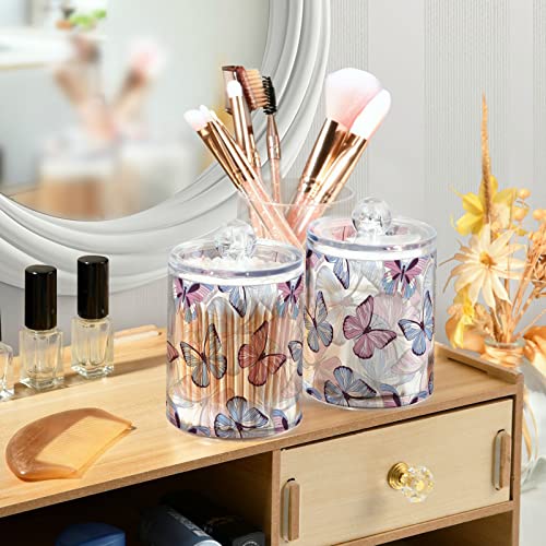 Kigai Cotton Swabs Organizer Cute Butterfly Qtip Holder Dispenser with Lid Apothecary Jar Set 2PCS Reusable Clear Plastic Cans for Dry Food