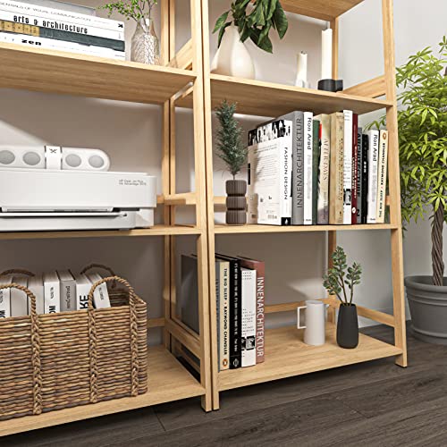 Noskatu Modern Ladder Bookshelf 5-Tier Wood Ladder Shelf for Books Movies Storage Shelf for Living Room Bathroom Kitchen Laundry Nature