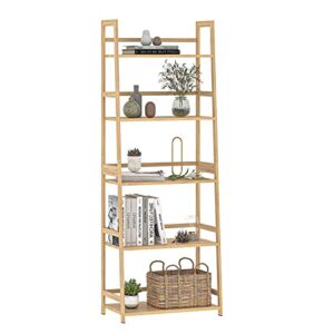 Noskatu Modern Ladder Bookshelf 5-Tier Wood Ladder Shelf for Books Movies Storage Shelf for Living Room Bathroom Kitchen Laundry Nature