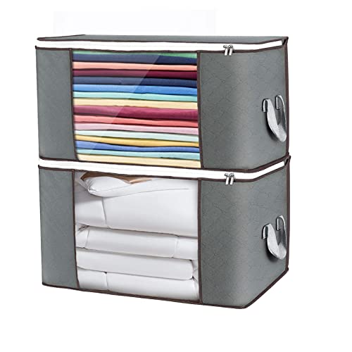 Clothing Organizer, 90L Extra Large Clothes Blanket Storage Bags,Thicker Fabric Closet Organizers and Storage(2 Pcs, 90L, Gray)