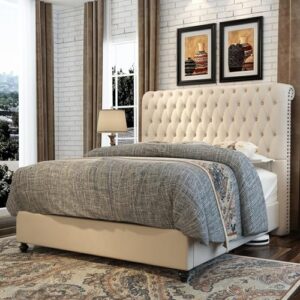 jocisland king size upholstered bed frame and headboard sleigh platformtufted bed/cream