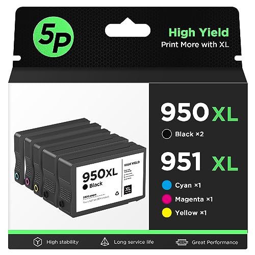 【Upgrade Chip】 950XL 951XL High-Yield Ink Cartridges 5 Combo Pack, Replacement for HP 950 951 XL Ink Cartridges, Works with OfficeJet Pro 8600 8610 8620 8625 Printer (2BK/1C/1M/1Y)