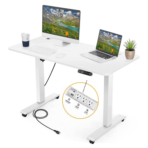 Legooin Electric Standing Adjustable Height Desk 59'' x 24''Sit Stand Desk with Charging Station, 2 USB Ports, 3 Power Outlets, 4 Caster, 27''-45'' Lifting Range Stand up Desk(White)