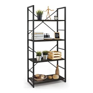 caphaus 4 tier bookshelf, 24 inch width free standing shelf, bookcase shelf storage organizer, industrial book shelves for home office, living room, kitchen, black vintage shelves & metal frame