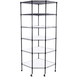 ymlpre corner wire shelf adjustable metal shelving unit 6 shelf storage shelves with wheels wire rackfor kitchen, bathroom, laundry, pantry, close, 26.77" d x 26.77" w x 72.83" h, black 6-tier