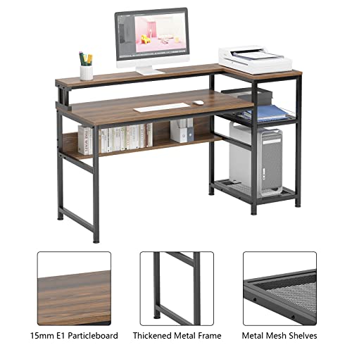 soges 62 Inch Computer Desk with Elevated Monitor Shelf, Home Office Desk with Storage Shelves, CPU Stand, Study Writing Table Workstation with Printer Stand