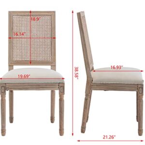 French Dining Chairs Set of 2, 2 Pack Vintage French Dining Chairs Set, Wood Frame Linen Fabric Seating Chairs with Painting Rattan Back, Living Room Chairs with Wood Legs, Easy Assembly, Cream