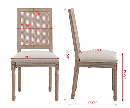 French Dining Chairs Set of 2, 2 Pack Vintage French Dining Chairs Set, Wood Frame Linen Fabric Seating Chairs with Painting Rattan Back, Living Room Chairs with Wood Legs, Easy Assembly, Cream