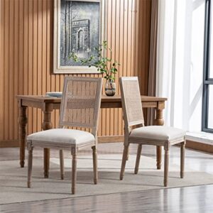 French Dining Chairs Set of 2, 2 Pack Vintage French Dining Chairs Set, Wood Frame Linen Fabric Seating Chairs with Painting Rattan Back, Living Room Chairs with Wood Legs, Easy Assembly, Cream