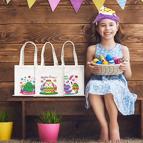 6 Pcs 13.4" X 14.2" Large Easter Tote Bags for Kids Canvas Easter Egg Hunt Bag Basket with Handle Reusable Easter Canvas Totes Spring Party Favor Supplies