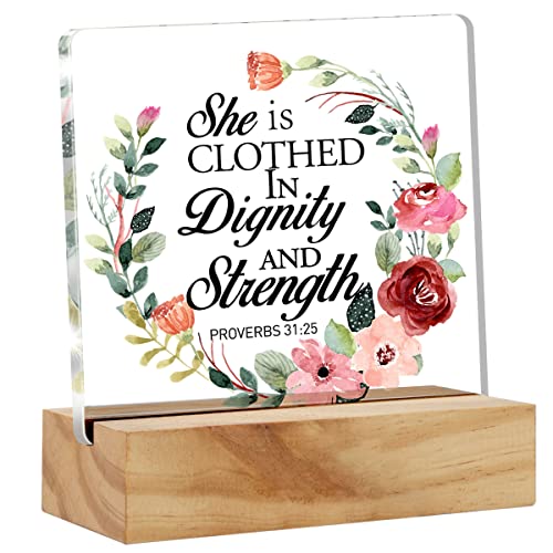 Bible Verse She is Clothed in Dignity and Strength Desk Decor Acrylic Desk Sign Inspirational Scripture Christian Acrylic Plaque Home Office Desk Shelf Decoration 4.7"x4.7"