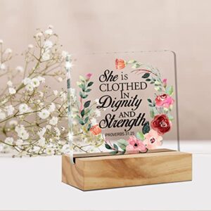 Bible Verse She is Clothed in Dignity and Strength Desk Decor Acrylic Desk Sign Inspirational Scripture Christian Acrylic Plaque Home Office Desk Shelf Decoration 4.7"x4.7"